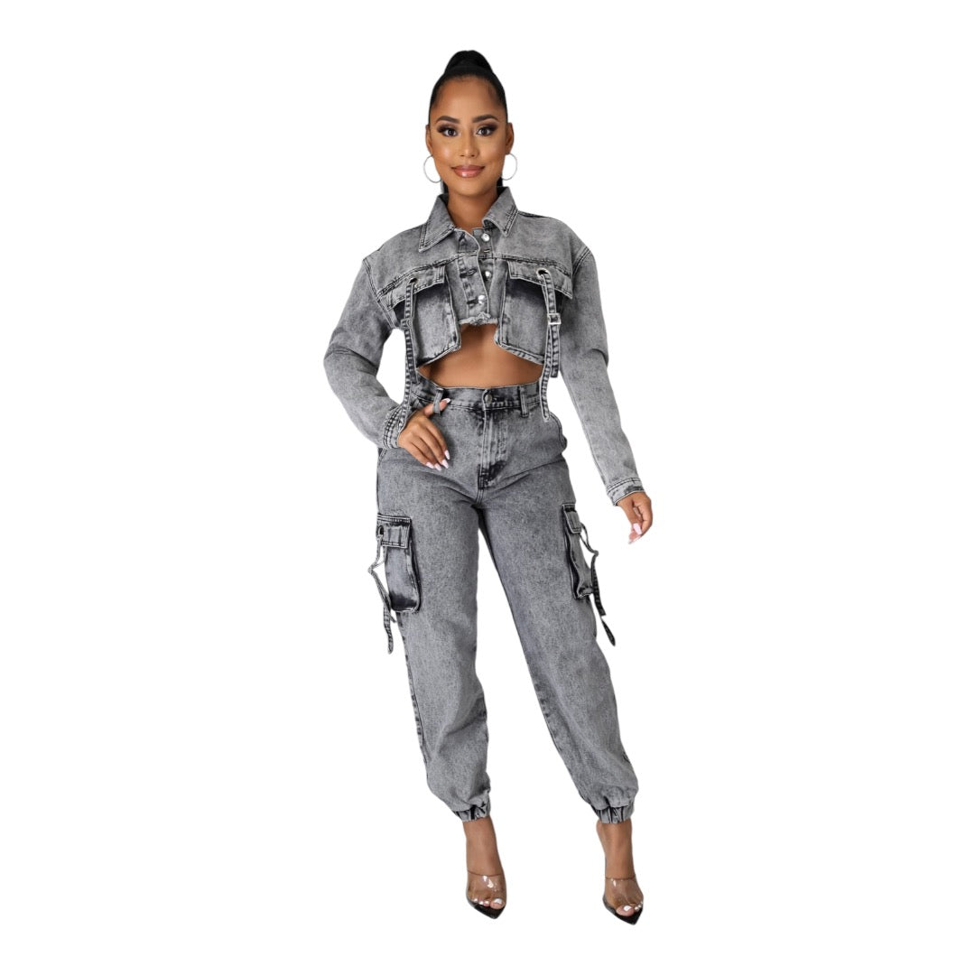 Ladies Denim Cargo Set 2pc – Megamall Online Store