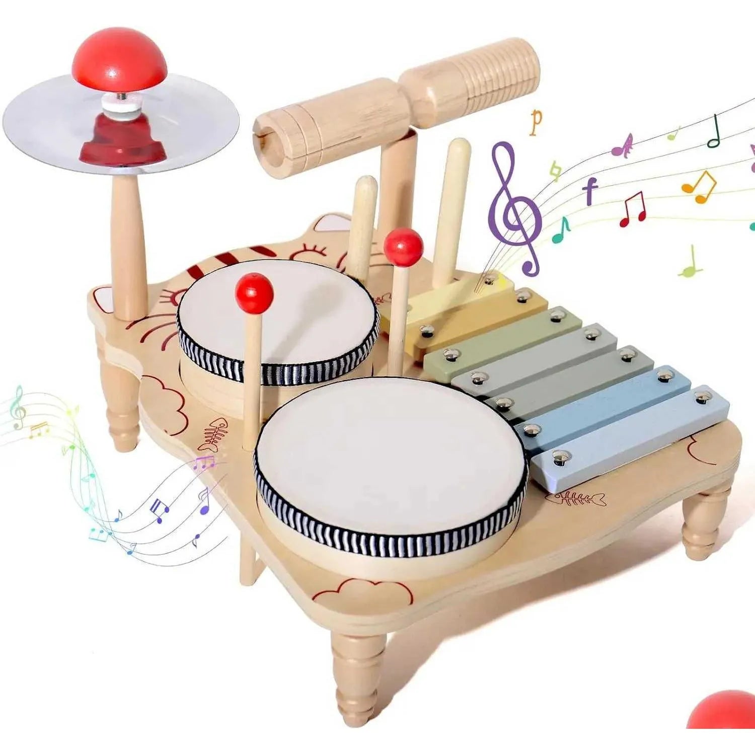 Multifunctional Wooden Drum Kit for Kids - Early Learning Music Toy Se ...