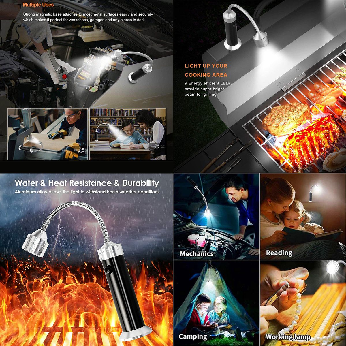 2 Pack 9-LED Grill BBQ Light Multi-function Flexible Magnetic Base Lam ...