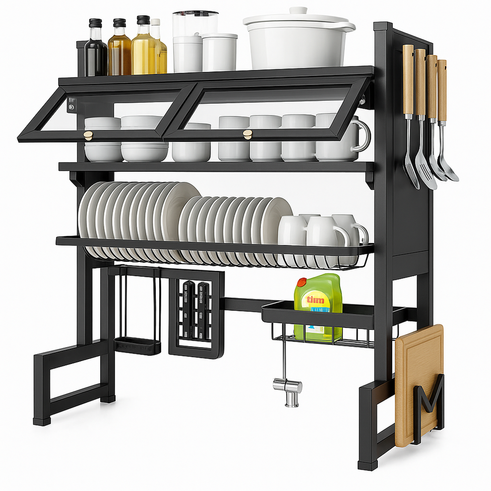 MHome 2-Tier Over-the-Sink Dish Drying Rack with Storage Hooks – Black ...