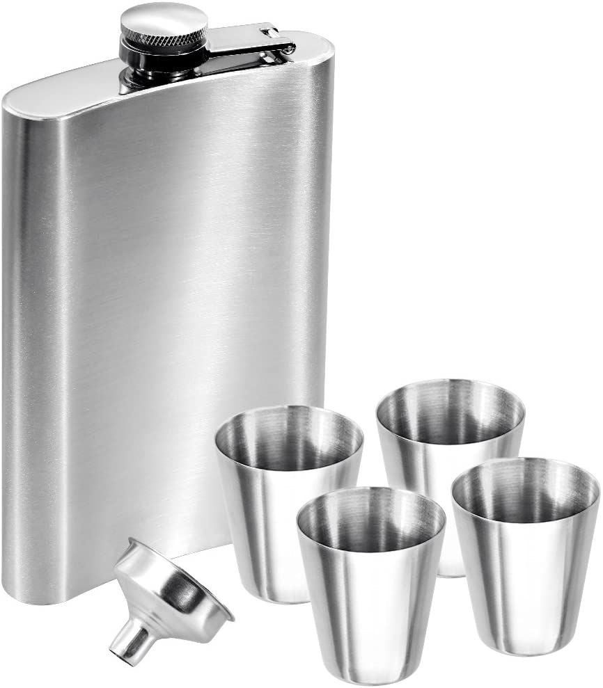 Hip Flask & Shot Glass 6 Piece Set Stainless Steel Gift Set for Men ...
