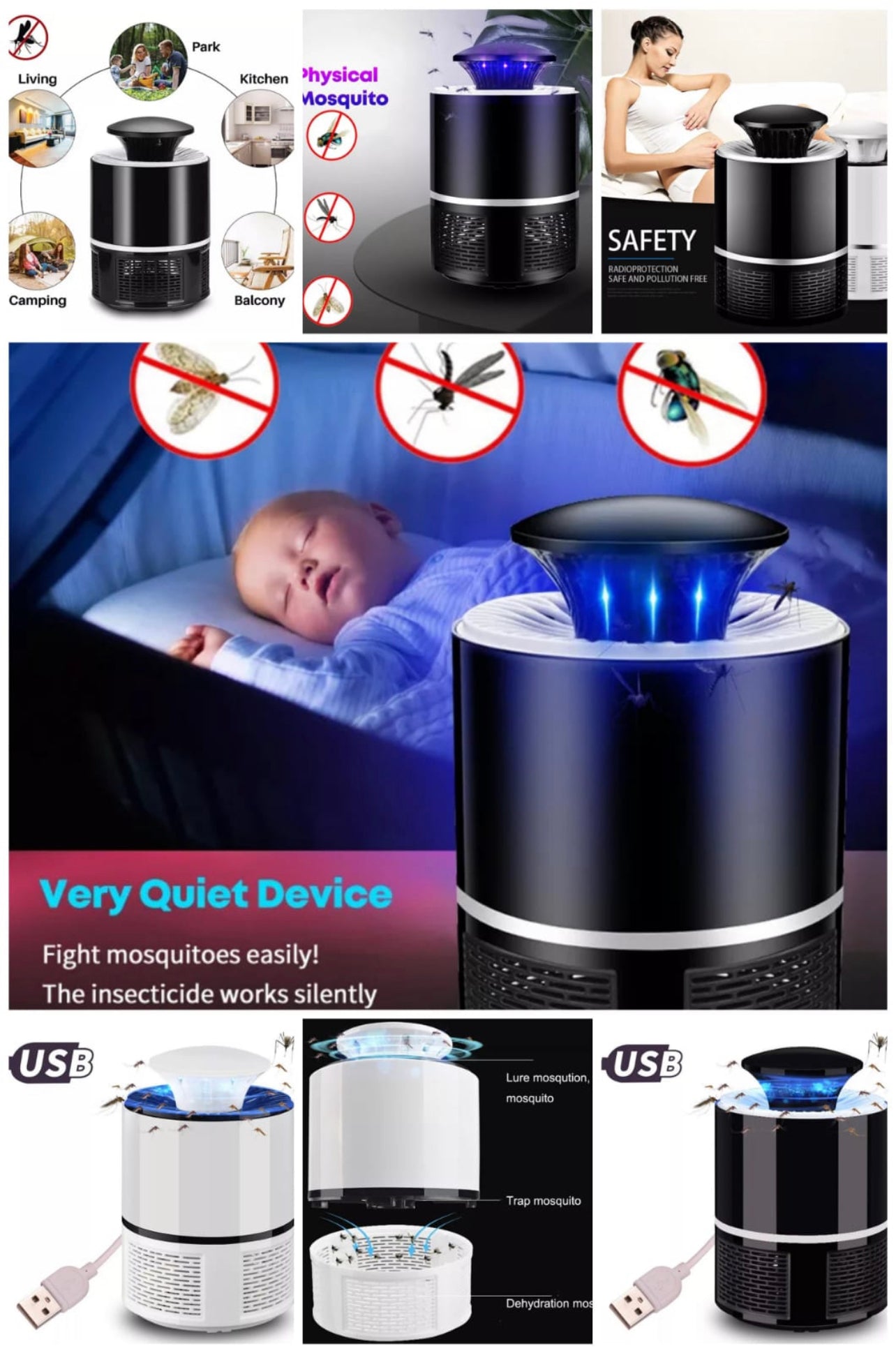 Portable Pest Control Mosquito Traps LED Repellent Trapper Electric Mo ...